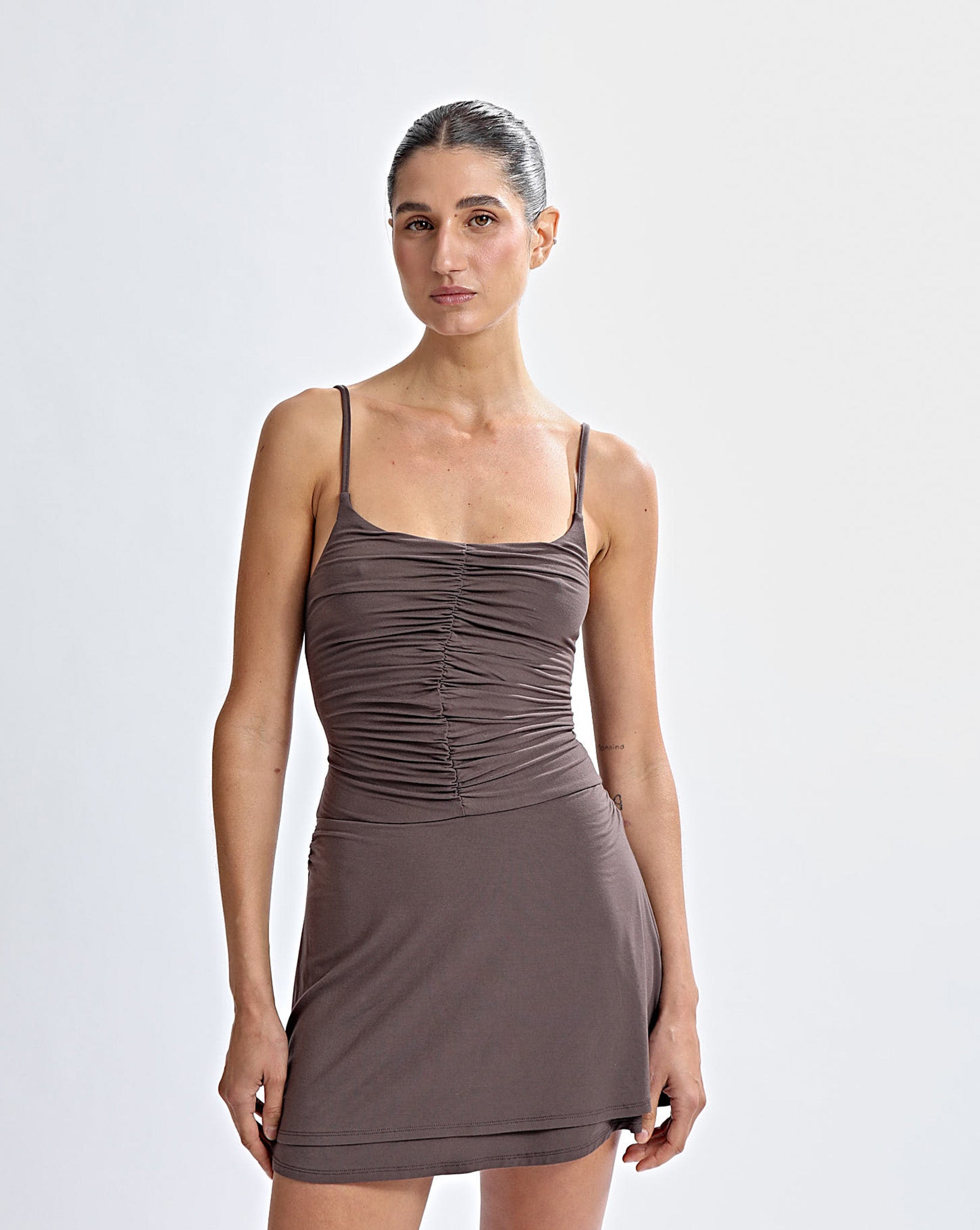 Sienna Mini Dress Cocoa – One Mile The Label